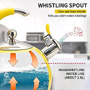 Sotya Whistling Tea Kettle for Stovetop, 3 Quart Stainless Steel Teakettle Teapot with Upgraded Version Silicone Anti-Scald Handle, Suitable for All Heat Source (Yellow)