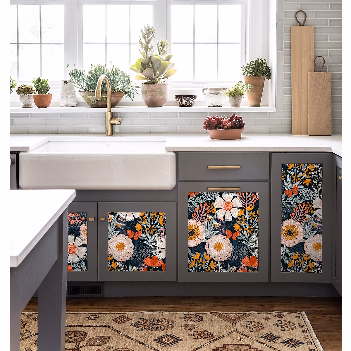 HAOKHOME Boho Peel and Stick Wallpaper Floral Wall Paper Removable for Bedroom Navy/Pink/Orange Contact Paper 17.7in x 9.8ft