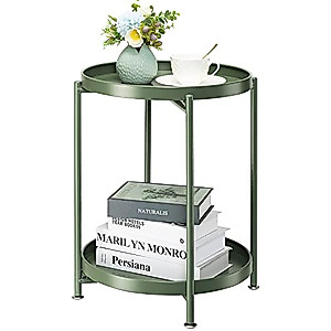 danpinera 2 Tier Metal Side Table with Removable Tray, Folding End Outdoor Small Accent Table, Anti-Rust Green Nightstand for Bedroom Balcony Patio (Dark Green)