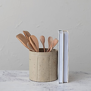 Decorative Stoneware Crock with Line Detail, Tan