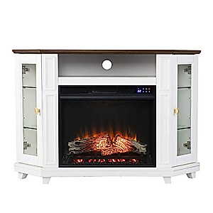 SEI Furniture Dilvon Corner Electric Fireplace TV Stand with Storage for TVs up to 45 Inches, Touch Screen Control Panel, White