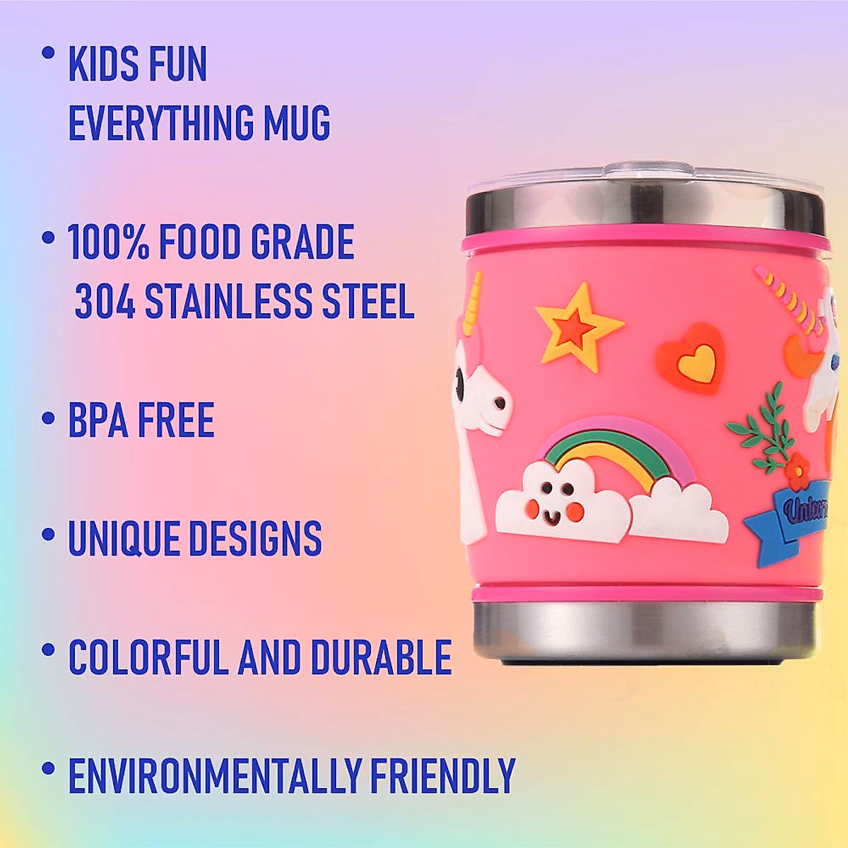 F-32 12 Oz Kids Stainless Steel Unicorn Pink 3D Mug with 2 Pack Slider Closure Lids - Eco-Friendly - BPA Free Signature Collection (Unicorn Pink)
