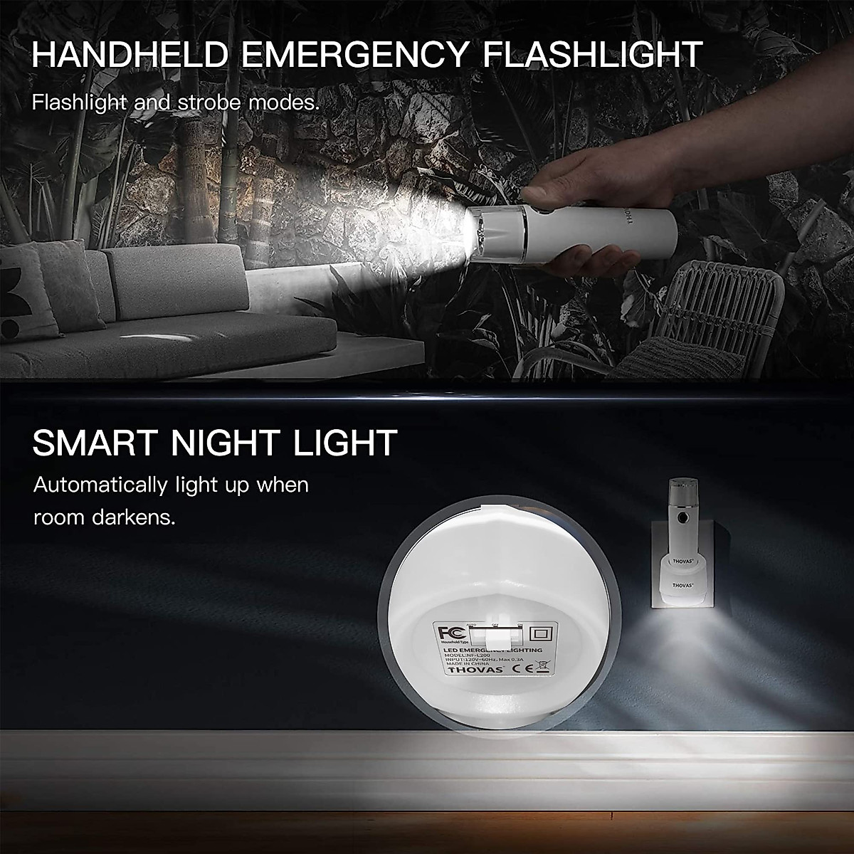THOVAS Emergency FlashLight, Multi-Function LED Power Failure Light, Handheld Light, Rechargeable Flashlight, Plug-in Night light, 3-in-1 Power Failure Flashlights, Lighting Sensor Night Light, 3 Pack