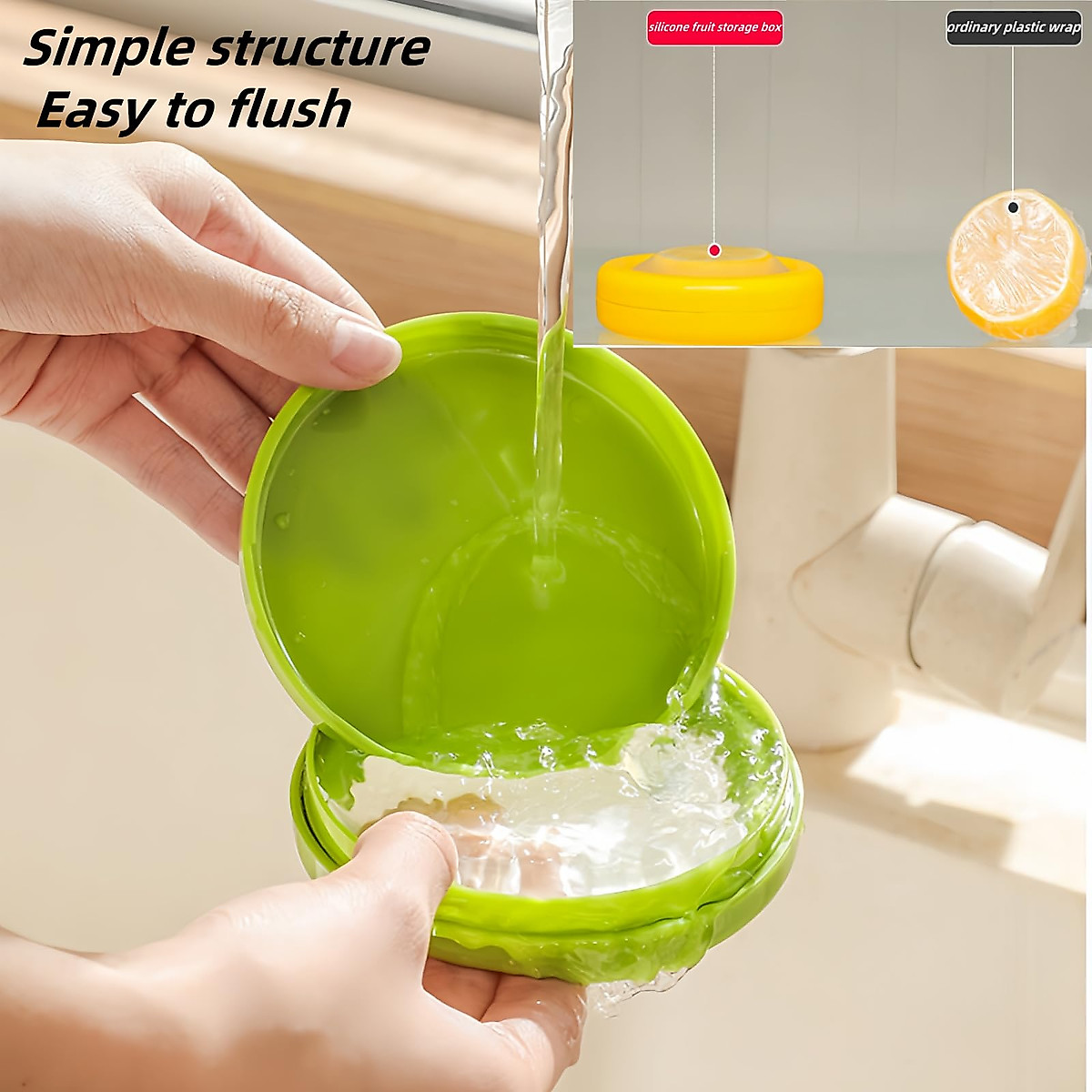 Generic Modern Silicone Fruit Storage Box Set of 4, Round, 3.93 inches by 1.02 inches, Green & Yellow, Reusable, Portable, Flip Top, Fruit, Vegetable, Snacks