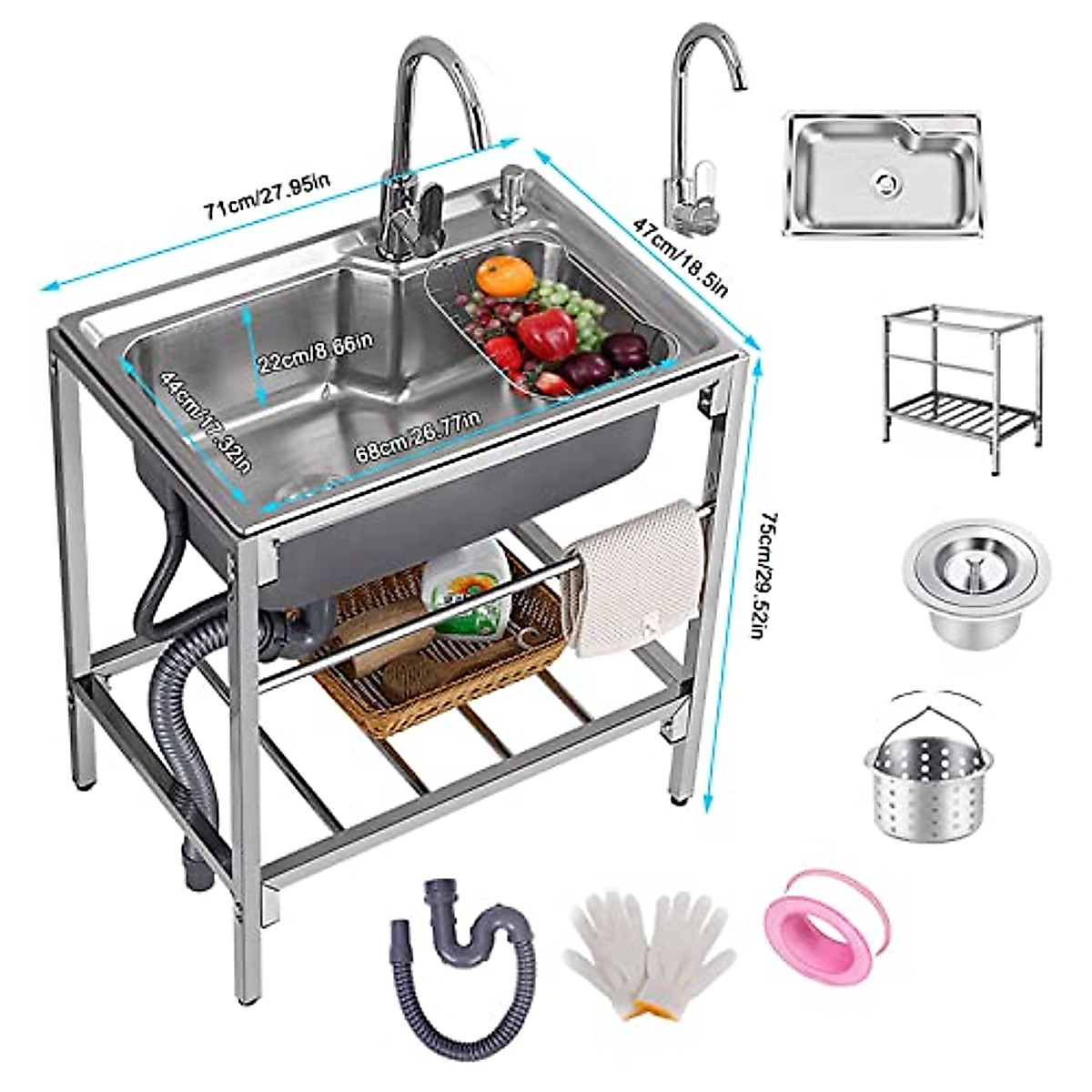 Commercial Utility Sink 304 Stainless Steel Free Standing Camping Sink with Faucet Storage Shelve,Outdoor Kitchen Washing Station for Garage Farmhouse