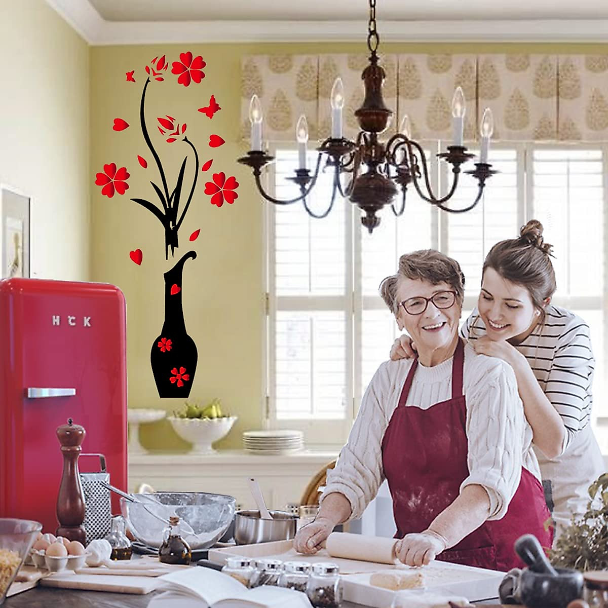 Kitchen Wall Decor Stickers Kitchen Quotes this Kitchen is Seasoned with Love Red Heart Butterfly Wall Sticker Removable Wall Decals Vase Wall Art Sticker for Dinning Room Kitchen Restaurants Home