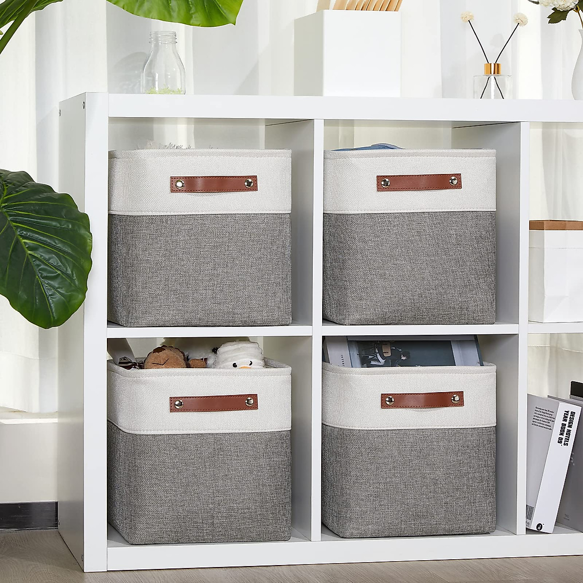 DULLEMELO Collapsible Bundle Baskets 4 Cube Baskets 11"x11"x11" + 6 Small Baskets 11.8"x7.9"x5.1"（White&Grey