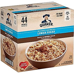 Quaker Instant Oatmeal Lower Sugar, Maple & Brown Sugar, 1.19 Oz, Pack of 44