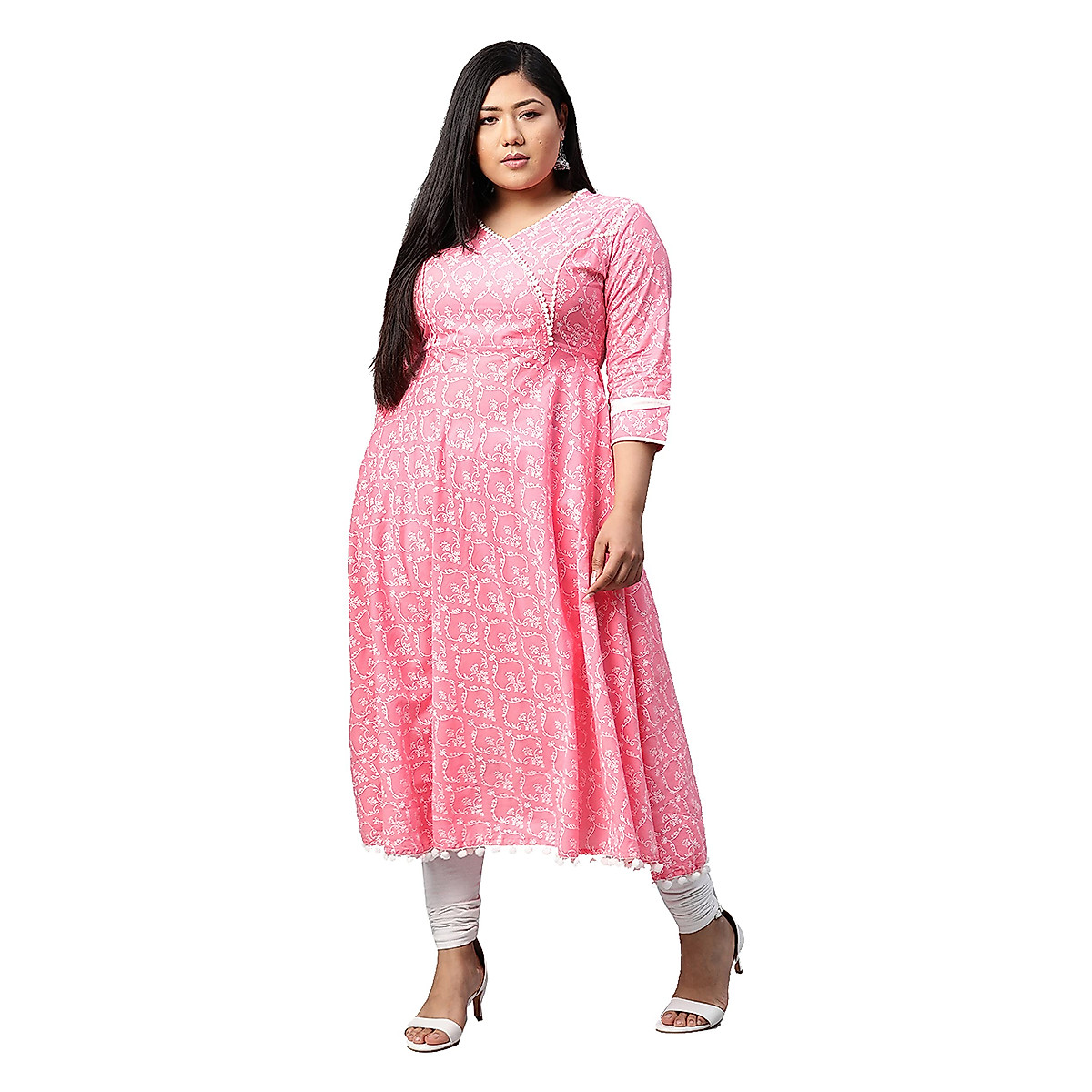 Yash Gallery Women's Plus Size Cotton Floral Print Anarkali Kurta (Light Pink)