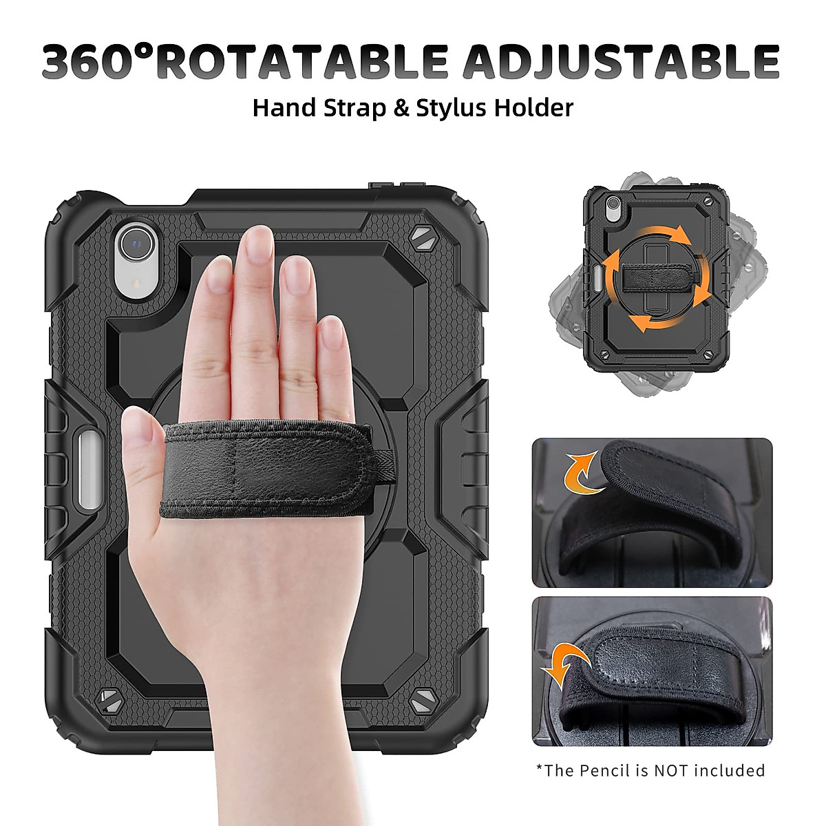 Blosomeet iPad Mini 6 Case 8.3" 2021 with Tempered Glass Screen Protector Pencil Holder [360 Rotating Hand Strap] &Stand, Heavy Duty Case for iPad Mini 6th Generation | Black