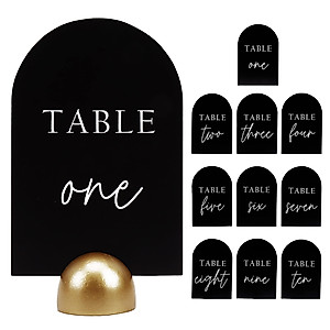 Hanna Roberts Modern Cursive Table Number Black Card Stock Half Circle Signs with Round Stand for Wedding Reception, Restaurant, Event Party, 4" x 6" (Gold, Set of 10, Numbers 1-10)