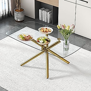 FURNITO Glass Dining Table,Gold Dining Room Table,Transparent Glass Kitchen Table with Golden Chrome Legs,71'' Oval Glass Dining Table Ideal for Living Room Home Office(6-8 People)