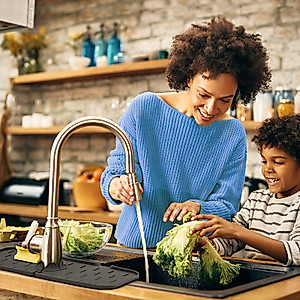 WINALLO Silicone Faucet Mat for Kitchen Sink Splash Guard Silicone Faucet Handle Drip Catcher Tray Sink Protector Pad for Countertop Kitchen Sink Bathroom Bar, Dark Grey