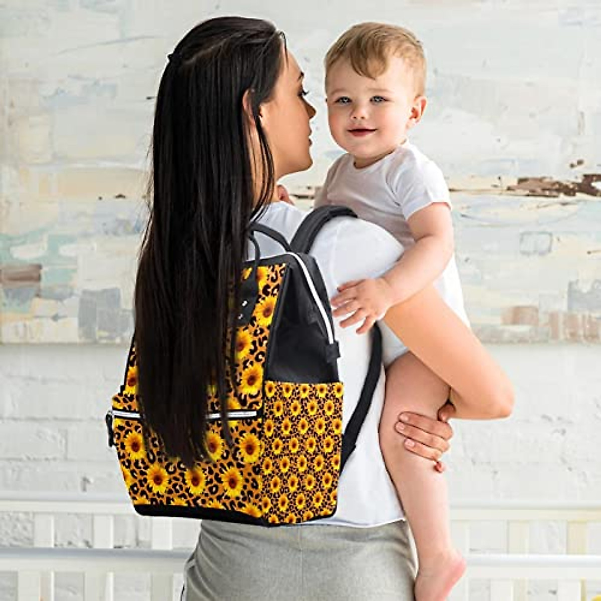 Sunflowers on Leopard Background Diaper Bag Backpack Baby Nappy Changing Bags Multi Function Large Capacity Travel Bag