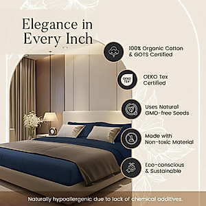 100% Organic Cotton Queen Sheet Set & Standard Pillowcases Set of 2 Combo- 300 Thread Count Long Staple Cotton Sheets,3 Pc Queen Size Sheets & Standard Pillowcases Sateen Sheets Breathable- Dark Denim