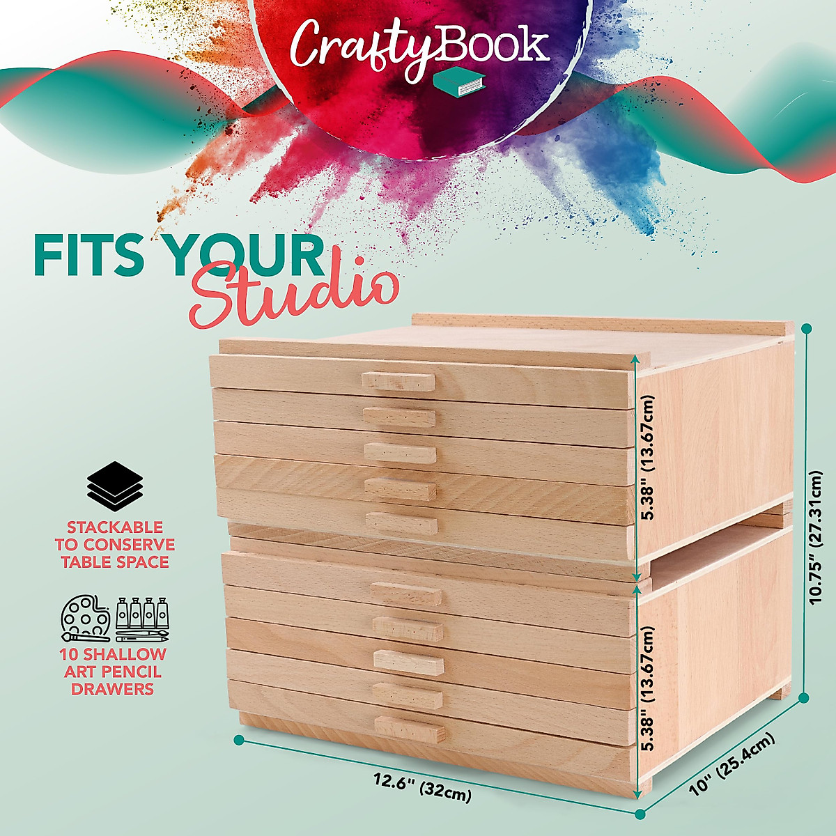 CraftyBook Artist Storage Drawers 2 Pack - 5 Drawer Art Supplies Chest Artist Organizer - Beech Wood Sketch Drawing Supply Storage Box with Removeable Dividers for Pencils, Pens, Paints, and Pastels