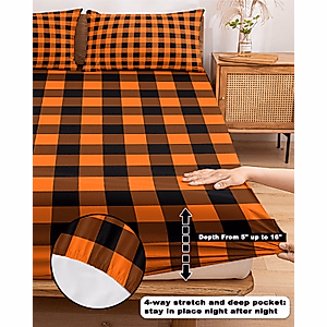 Farmhouse Orange Black Buffalo Plaid Fitted Bed Sheets Full Size Fit 5-16inch Deep Pockets,Luxury Bottom Sheet Bedding Set with Pillow Case,Gingham Lattice Fitted Sheet for Mattress