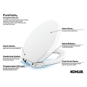 KOHLER 5588-0 Purefresh Elongated Nightlight, Grip-Tight Bumpers, Quiet-Close Release Hinges, Quick-Attach Hardware, No Slam Toilet Seat, White