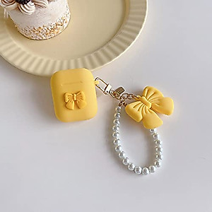 Cute AirPod Case with Bow Keychain Soft Silicone Skin Butterfly Knot Kit Portable Shockproof Protective Cover for Apple AirPods 1 2 1st 2nd Generation Charging Case Fits for Women Girls Kids (Yellow)
