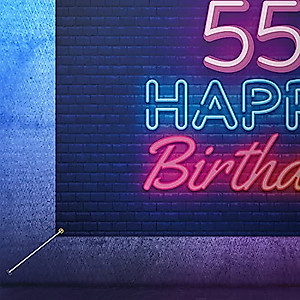 Glow Neon Happy 55th Birthday Backdrop Banner Decor Black – Colorful Glowing 55 Years Old Birthday Party Theme Decorations for Men Women Supplies