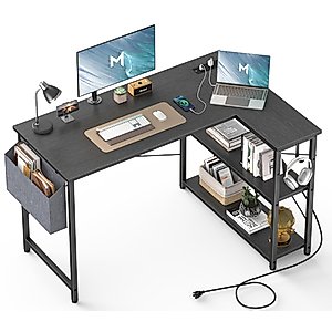 Mr IRONSTONE L Shaped Desk with Outlets & USB Ports, Reversible 47 Inch Office Desk, Corner Desk for Small Space, Home Office Desk with Storage Bag & Hook, Black