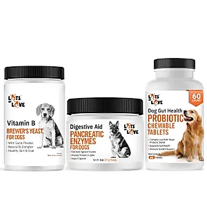 Lots of Love Bundle Set of 3 - Pancreatic Digestive Enzymes for Dog & Cat (8 oz Powder), Dog Probiotic Chewable Tablet (60 Tablets) and Brewer's Yeast Powder for Dogs for Healthy Skin and Coat (8 oz)