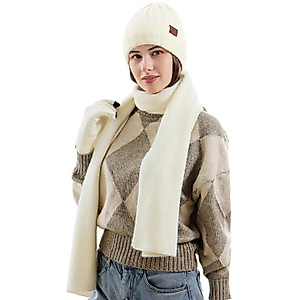 Womens Winter Warm Knit Beanie Hat Touchscreen Gloves Long Neck Scarf Set with Fleece Lined Skull Caps Gifts for Women Men White