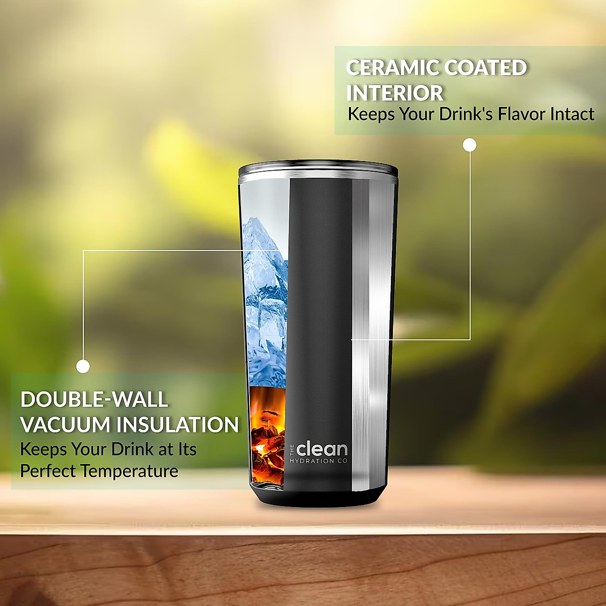 The Clean Hydration Company Tumbler Insulated with Lid, Double-Wall Vacuum, 20 Oz Travel, Office Tumbler, Hot & Cold Drinks, Ceramic Interior, Spill-Proof, BPA-Free, No Metal Taste