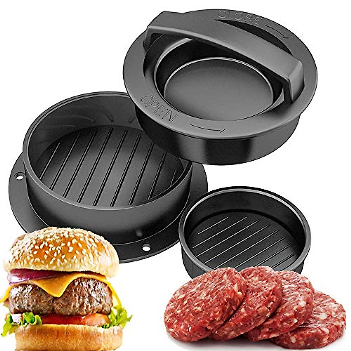 iPstyle Burger Press Patty Maker, Non-Stick Hamburger Mold Kit for Easily Making Delicious Stuffed Burgers, Regular Beef Burger and Perfect Shaped Patties, Best Indoor Kitchen Gadgets Cooking (Black)