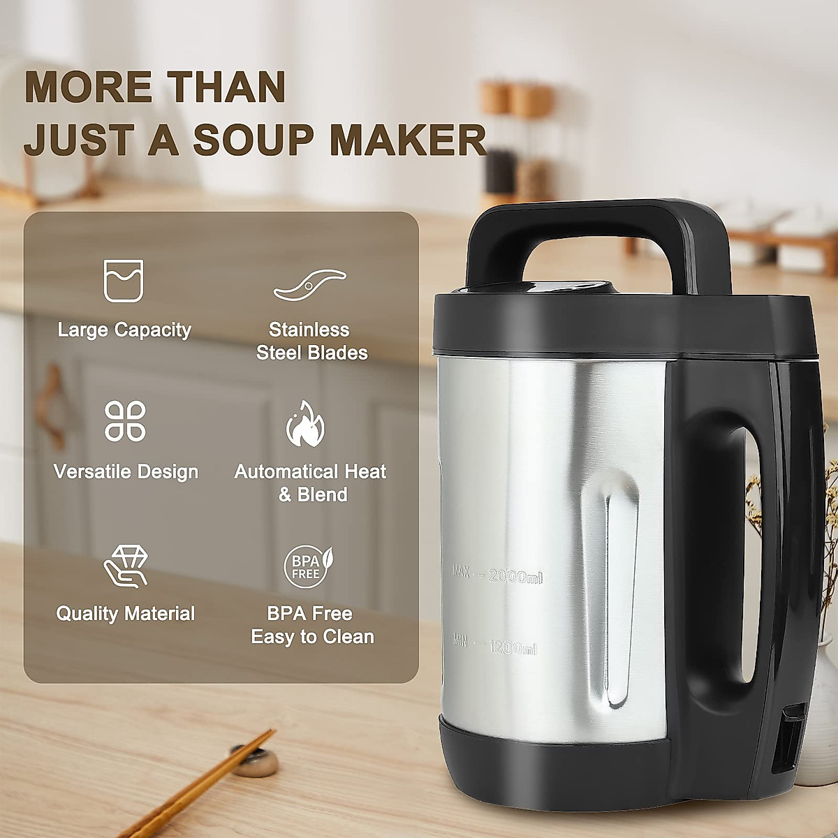 bathivy Soup Maker, Automatical Multi-Function Fresh Soup and Smoothie Make Machine | 2 Liters, 6 Functions, Stainless Steel, LED Display | Blend, Smooth, Chunky, Compote, Pre-heat, Clean (Black)
