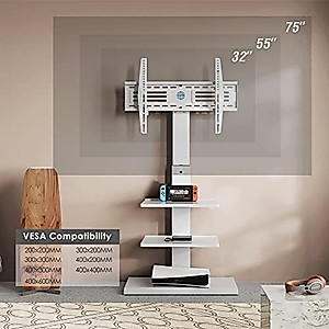 FITUEYES Iron Base Universal Floor TV Stand Swivel Tilt Mount TV Stand Base for 32-75 Inch TVs Corner TV Stand with Height Adjustable Entertainment Shelves Wire Management (White)