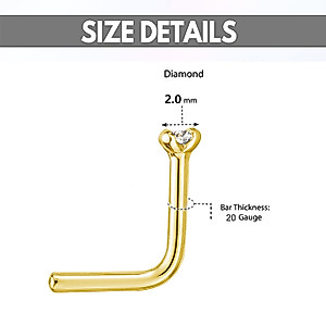 CTIEIP 14K Yellow Gold 0.03 carat Natural Diamonds L-Shaped Nose Ring for Women,20 Gauge（I2-I3 Clarity）