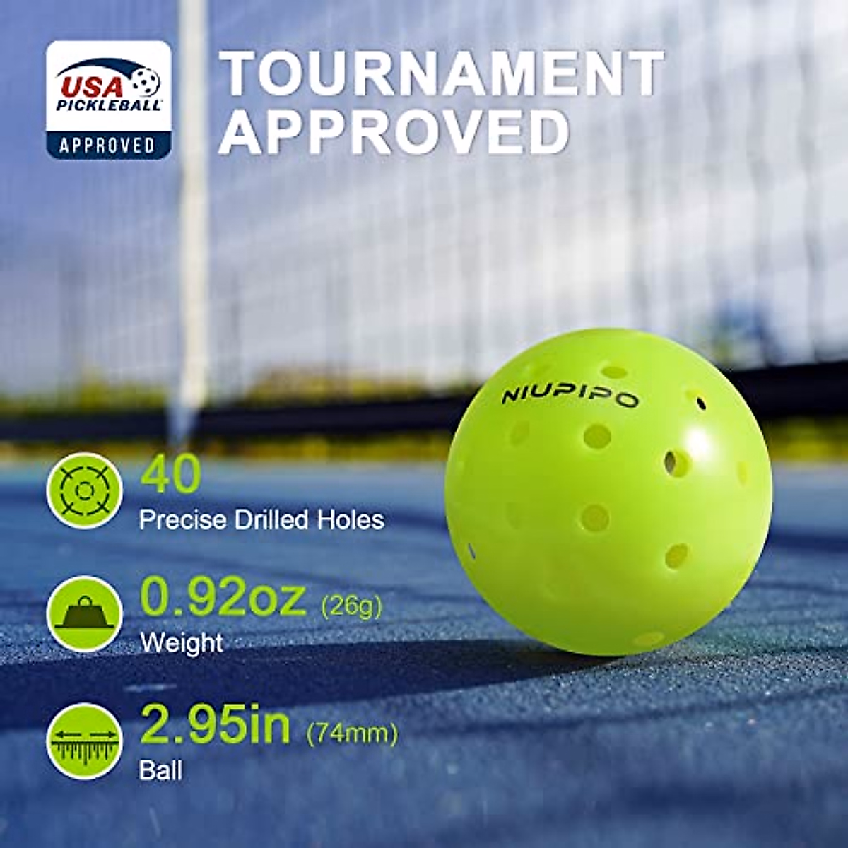 niupipo Pickleball Balls/Pickleball Net, Outdoor Pickleball Balls, USAPA Approved Pickle Balls/Portable Pickle Ball nets for Tournament, High Elasticity & Durable, 3/6/12/36/100 Pickleball Balls Pack