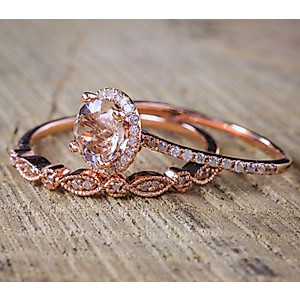 Koguxuix 18K Rose Gold Ring Set Pink Elegant Morganite CZ Crystal Gemstone Wedding Bridal Ring Set (9)