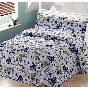 Better Home Style White Yellow Green Blue Construction Vehicles Kids / Boys Coverlet Bedspread Quilt Set with Pillowcases and Cement Mixers Cranes and Bulldozer Designs # Crane (Queen / Full)