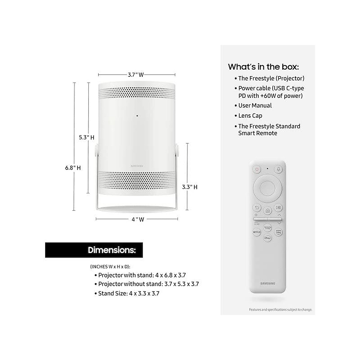 Samsung 30”- 100” The Freestyle FHD HDR Smart Portable Projector for Indoor and Outdoor Home Theater Big Screen Experience with Premium 360 Sound (SP-LSP3BLAXZA, 2022 Model)