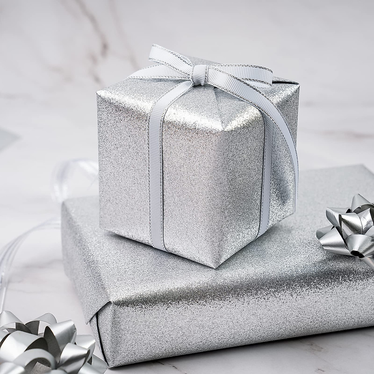 RUSPEPA Glitter Wrapping Paper - Mini Roll - Solid Color Glitter Sparkle Paper Perfect for Wedding, Birthday, Baby Shower, Party - 17 Inch X 32.8 Feet - Silver