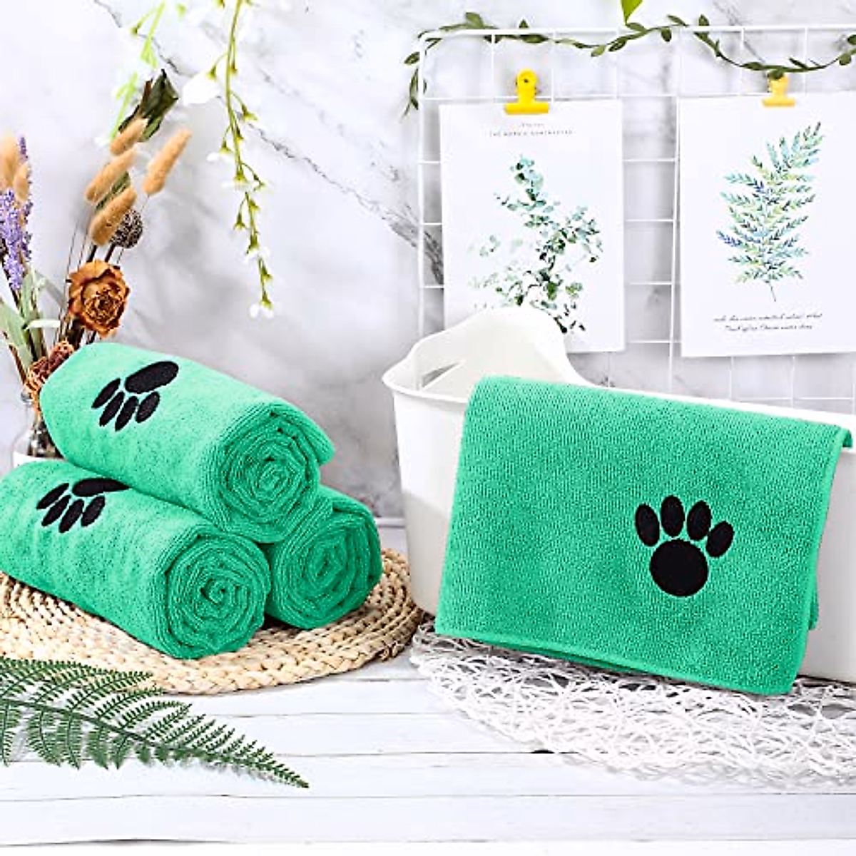 Chumia 4 Pack Pet Grooming Towel Absorbent Dog Towels for Drying Dogs Soft Microfiber Dog Drying Towel Quick Drying Large Dog Bath Towel for Dogs, Cats and Other Pets (Green, 16 x 31 Inch)