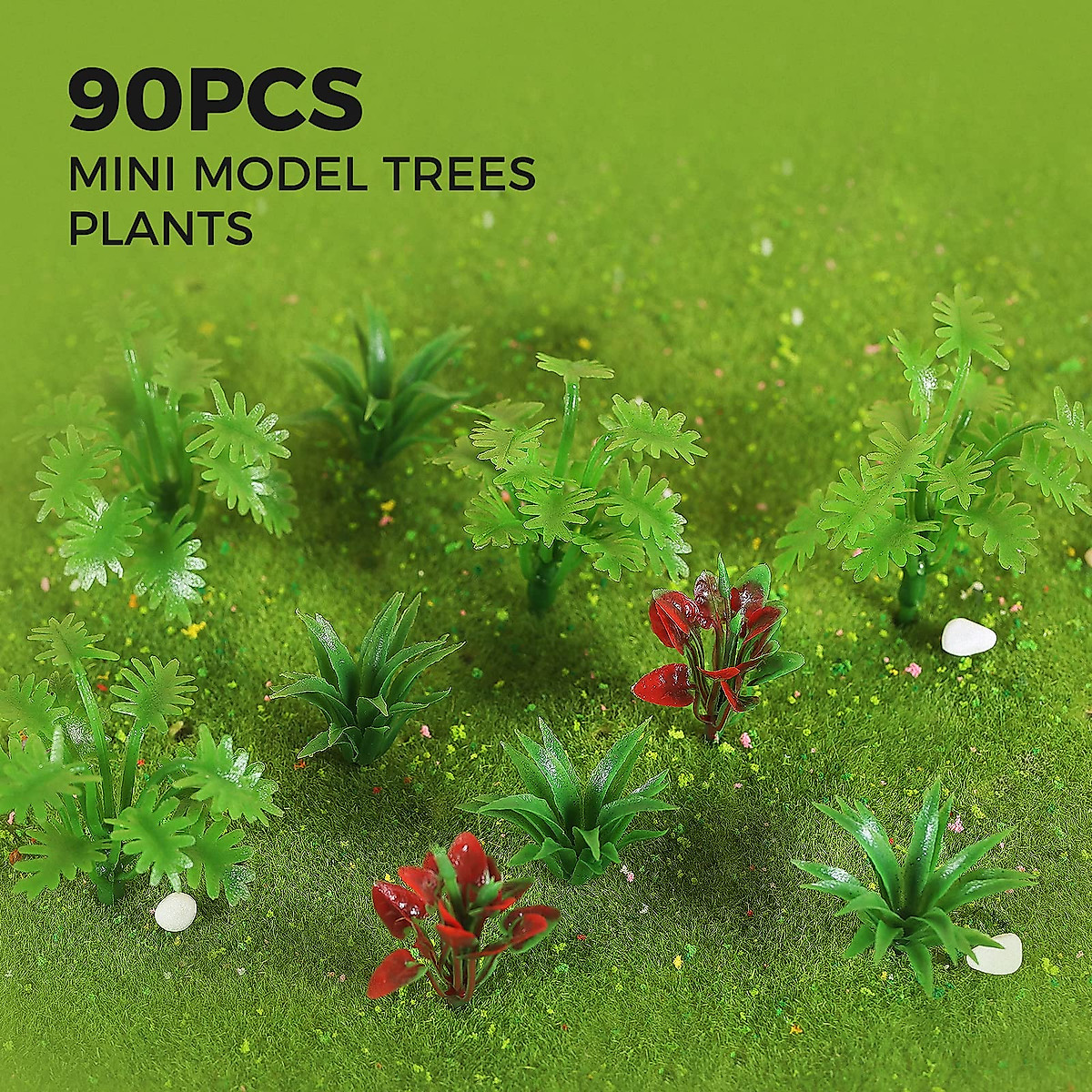 Yetaha 90 Pcs Mini Model Trees Plants, Miniature Plants Green Shrubs Bush Model Artificial Plants for Train Scenery Railway Sand Architecture Craft DIY Landscape Dollhouse Cake Topper Decor