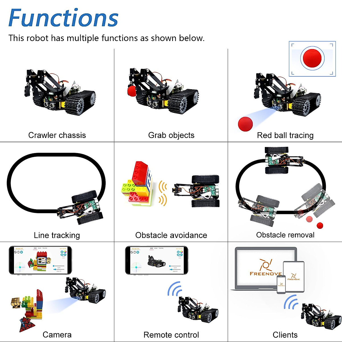 Freenove Tank Robot Kit for Raspberry Pi 4 B 3 B+ B A+, Crawler Chassis, Grab Objects, Ball Tracing, Line Tracking, Obstacle Avoidance, App Control, Camera, Servo (Raspberry Pi NOT Included)