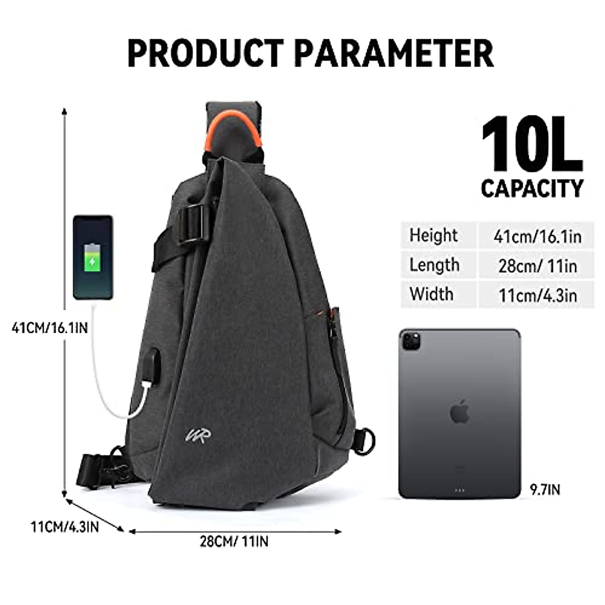 WISEPACK Sling Bag for Men Women,Crossbody Bag Men Shoulder Bag Sling Small Backpack Chest Bags One Strap Backpack Side Bags for Hiking Walking Biking Travel Cycling with USB Charger Port Grey