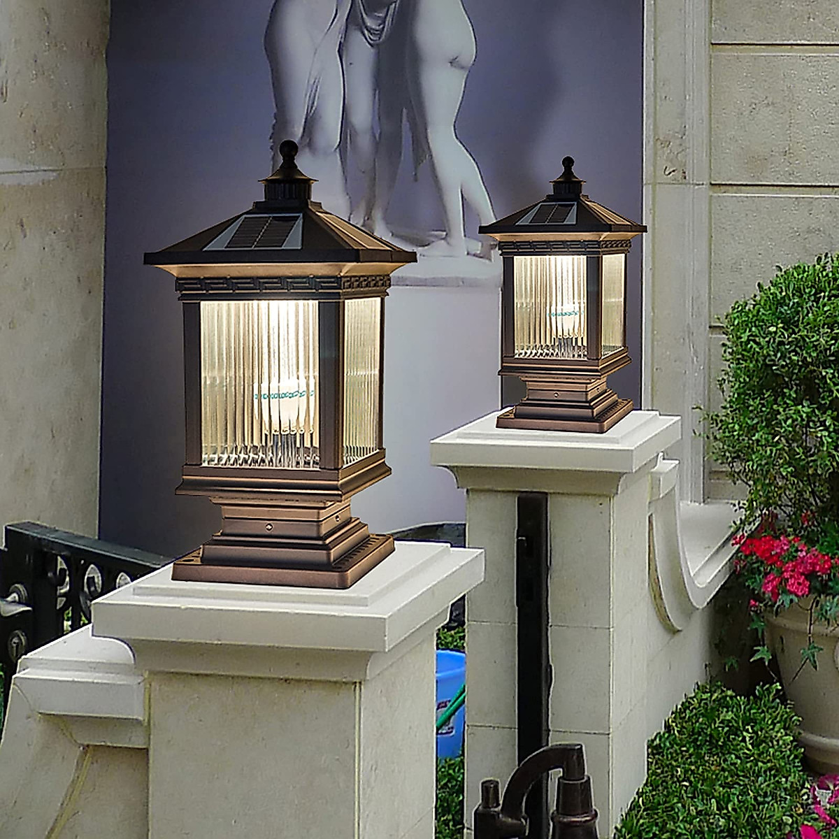 Post Lights Retro Solar Column Headlight, Traditional Victorian Waterproof Bollard LED Lantern Deck Yard Pedestal Pillar Lamp Simple Garden Patio Landscape Home Decoration Illumination