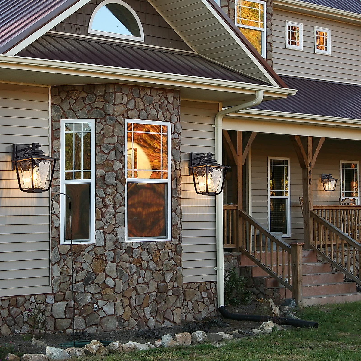 Birsppy pherolion Outdoor Lights for House Exterior Light Fixture Waterproof Outside Lights for House Black with Stone-Patterned Glass Porch Lights Wall Mount for House, Garage, Front Door