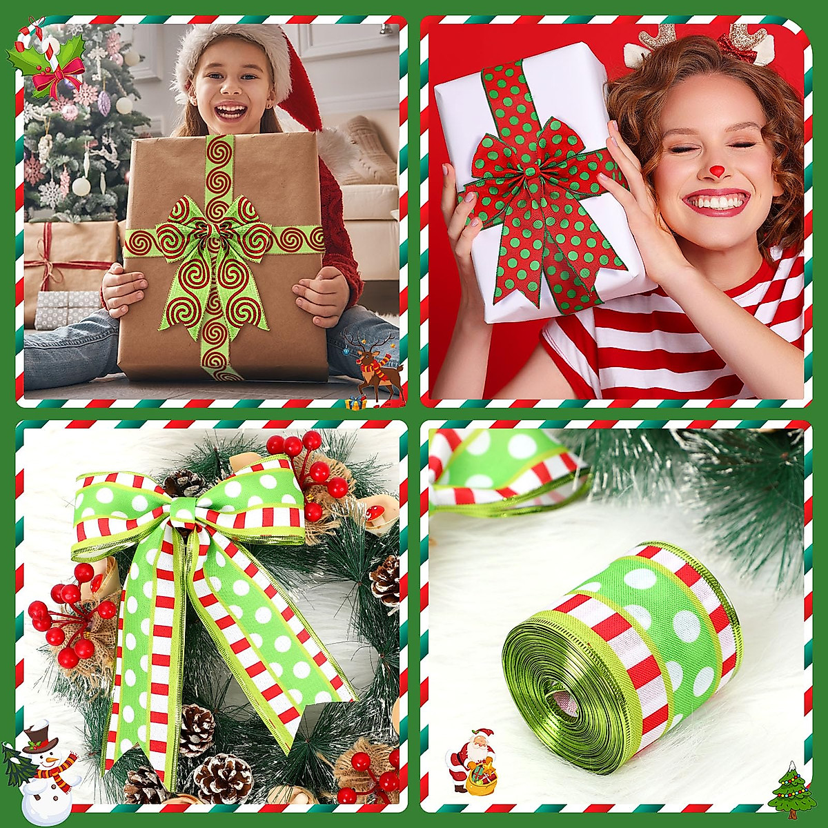 3 Rolls Christmas Wired Ribbon 30 Yard Red and Lime Green Christmas Wrapping Ribbon 2.56 in Wide Polka Dot Swirl Fabric Ribbons Xmas Decorative Ribbons for DIY Crafts Tree Ornaments