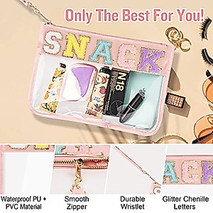Chenille Letter Clear Snack Bags Purse Pouch, Monogram PVC & PU Clear Zipper Pouch with Wristlet, Waterproof Portable Glitter Snacks Makeup Beach Pouch Toiletry Bag for Women Girls (SNACKS-Pink)