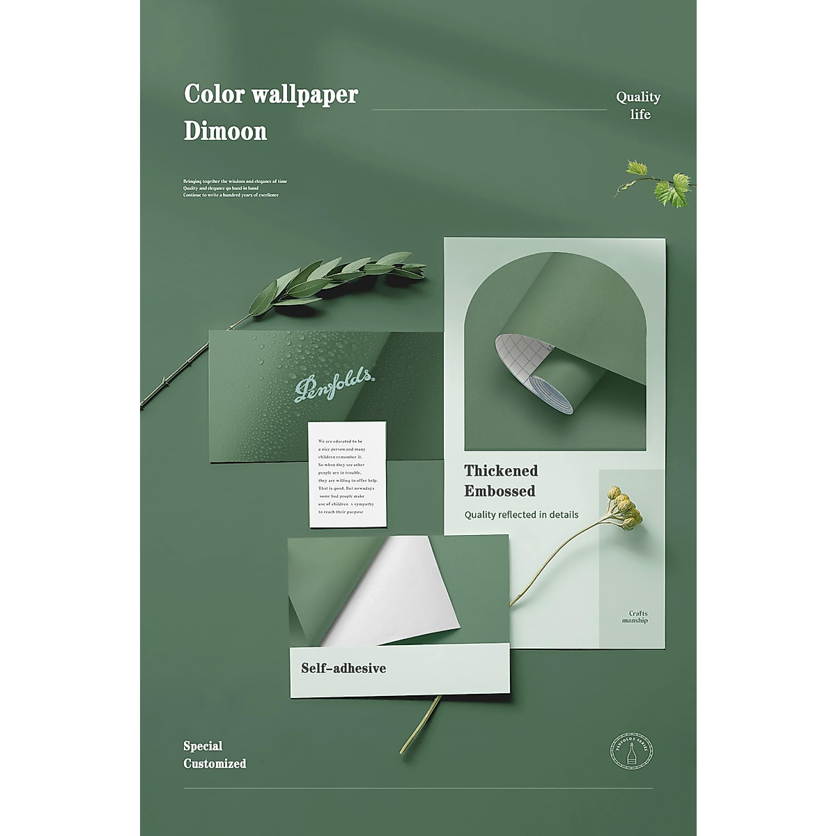 Dimoon 118''x17.7'' Green Peel and Stick Wallpaper Contact Paper Modern Self Adhesive Wall Paper Removable Renter Friendly Textured Solid Color Shelf Cabinet Vinyl Roll (118''x17.7'',Dark Green)