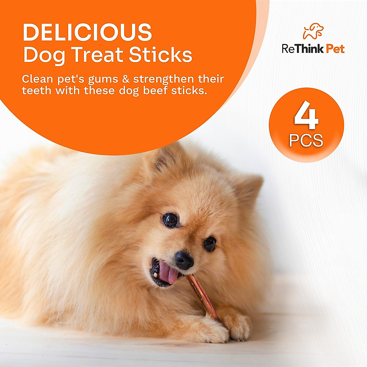 ReThink Pet Dog Jerky Treats Made in USA Only, Natural Beef Jerky, Long-Lasting Jerky Dog Treats for Pet's Dental Hygiene, All-Natural Dog Treats, 4-Pc Chew Sticks for Dogs, Dog Jerky Treats