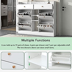 P PURLOVE Modern Entryway Shoe Storage Cabinet with 4 Flip Drawers,Multifunctional 2-Tier Shoe Storage Organizer with Drawers,Free Standing Narrow Shoe Rack for Entrance Hallway,White