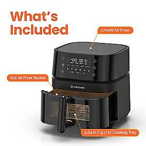 Nutricook Air Fryer 3 Vision, 6qt Large Airfryer, 12 Preset Functions, Air Fry, Roast, Bake, Dehydrate, Reheat and More, Quiet, Non-Stick, Easy to Clean, Black