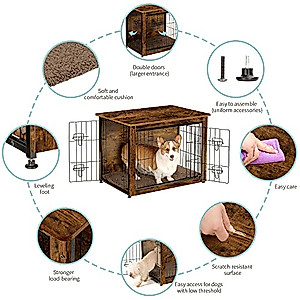 DWANTON Dog Crate Furniture with Cushion, Wooden Dog Crate Table, Double-Doors Dog Furniture, Indoor Dog Kennel, Dog House, Dog Cage Medium, 32.5" L